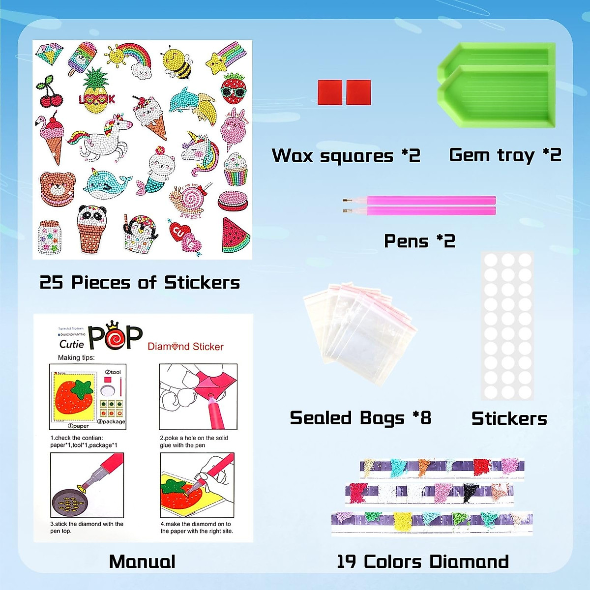 Cymbana 5D Diamond Painting Stickers Kits 25 Pcs Diamonds Dots Arts and Crafts for Kids Ages 6-8 8-12 Contains Unicorn, Mermaid, Cat