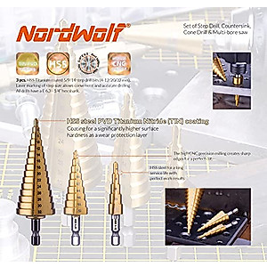 NordWolf 12-Piece HSS Titanium Metric Step, Countersink, Cone Drills with 1/4" Hex Shank, Multi Drill Saw & Automatic Center Punch Combination Set in Storage Case