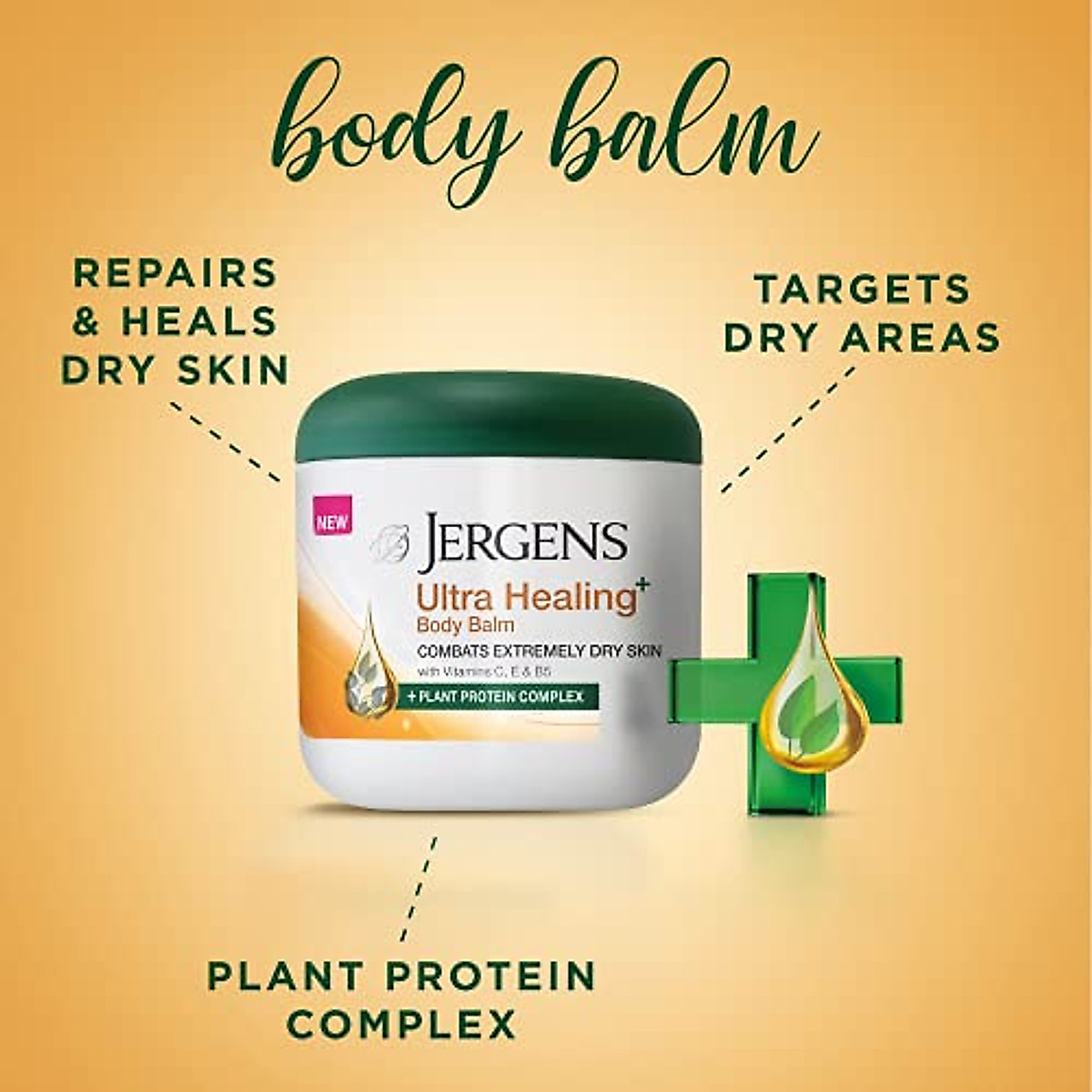 Jergens Ultra Healing Body Balm for Dry Skin, for Extra Dry Skin Relief, 6 Ounces, Formulated with Vitamins C, E and B5 plus Plant Protein Complex