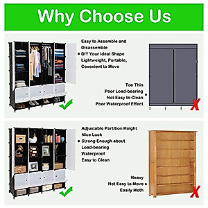 VINGLI Portable Closet Shelves, 16 Cube Clothes Organizer, Plastic Playroom Storage, Storage Closet, DIY Cube Storage Organizer with Doors and Hanging Rods