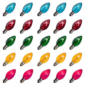 Konictom 25 Pack C7 Multicolor Replacement Light Bulbs, 5W Clear Christmas Light for Outside Backyard Garden Party Decoration, C7/E12 Candelabra Base, Multicolor