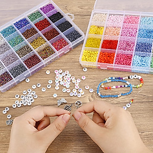 Quefe 38000pcs 2mm 12/0 Glass Seed Beads Kit for Jewelry Making ,48 Colors Bracelet Beads with Letter Beads Bulk, Neutral Gold Colors Waist Beads for DIY Craft Making Supplies