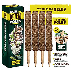 Totem Monkey Moss Pole for Plants Monstera - 47.8 Inch Coir Totem Plant Support - 4 x 15.7 Inch Coco Sticks for Climbing Indoor Potted Plants - 40 Paper Twist Ties - Train Creeper House Plants Grow