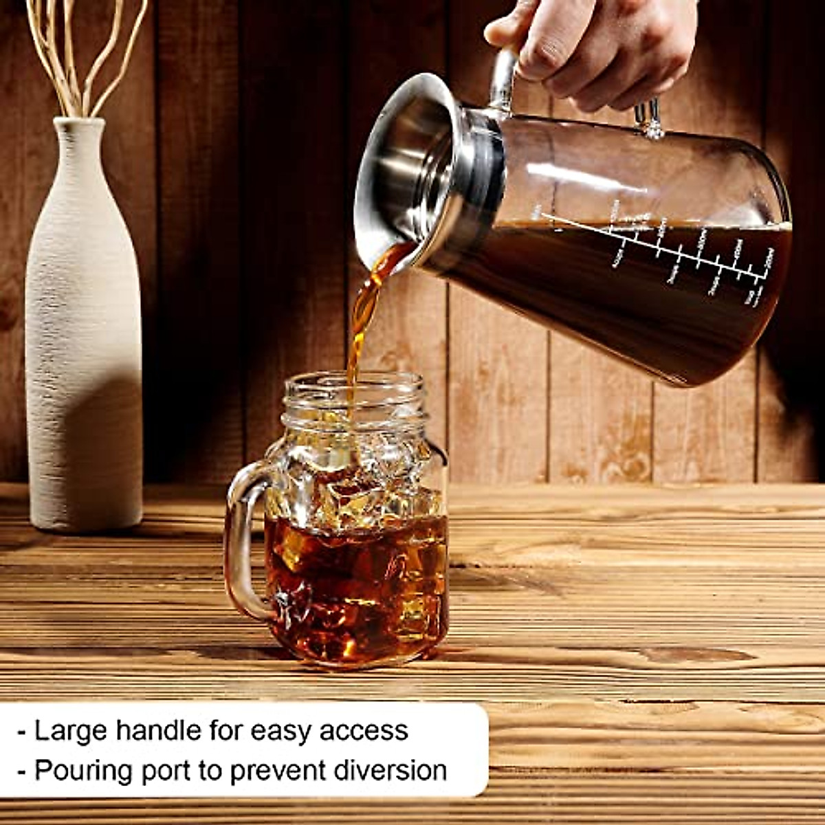 Aquach Airtight Cold Brew Coffee (Iced Tea) Maker 51oz/1.5L, BPA-Free, Durable Borosilicate Glass Pitcher and Stainless Steel Fine-Mesh Filter, Dishwasher Safe, Spill-proof, 6 Cups Capacity