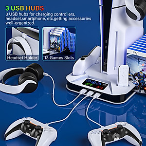 PS5/PS5 Slim Cooling Station with Controller Charging Station for Playstation 5 Slim&Standard Disc/Digital Console, PS5 Slim Stand Cooler Accessories Incl Cooling Fan/3 USB Hubs/Headset Holder/Screw
