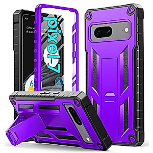 FNTCASE for Google Pixel 7 Case: Built-in Screen Protector & Kickstand | Full-Body Dual Layer Rugged Heavy Duty Protection | Military Shockproof Cell Phone Protective Cover 5G - Purple