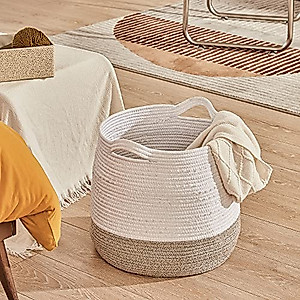 LA JOLIE MUSE 15” Large Cotton Rope Storage Basket with Handles, Versatile Organization and Storage Bin Organizer, Natural and Safe for Baby and Kids, 15”H*14.2”D, White & Desert