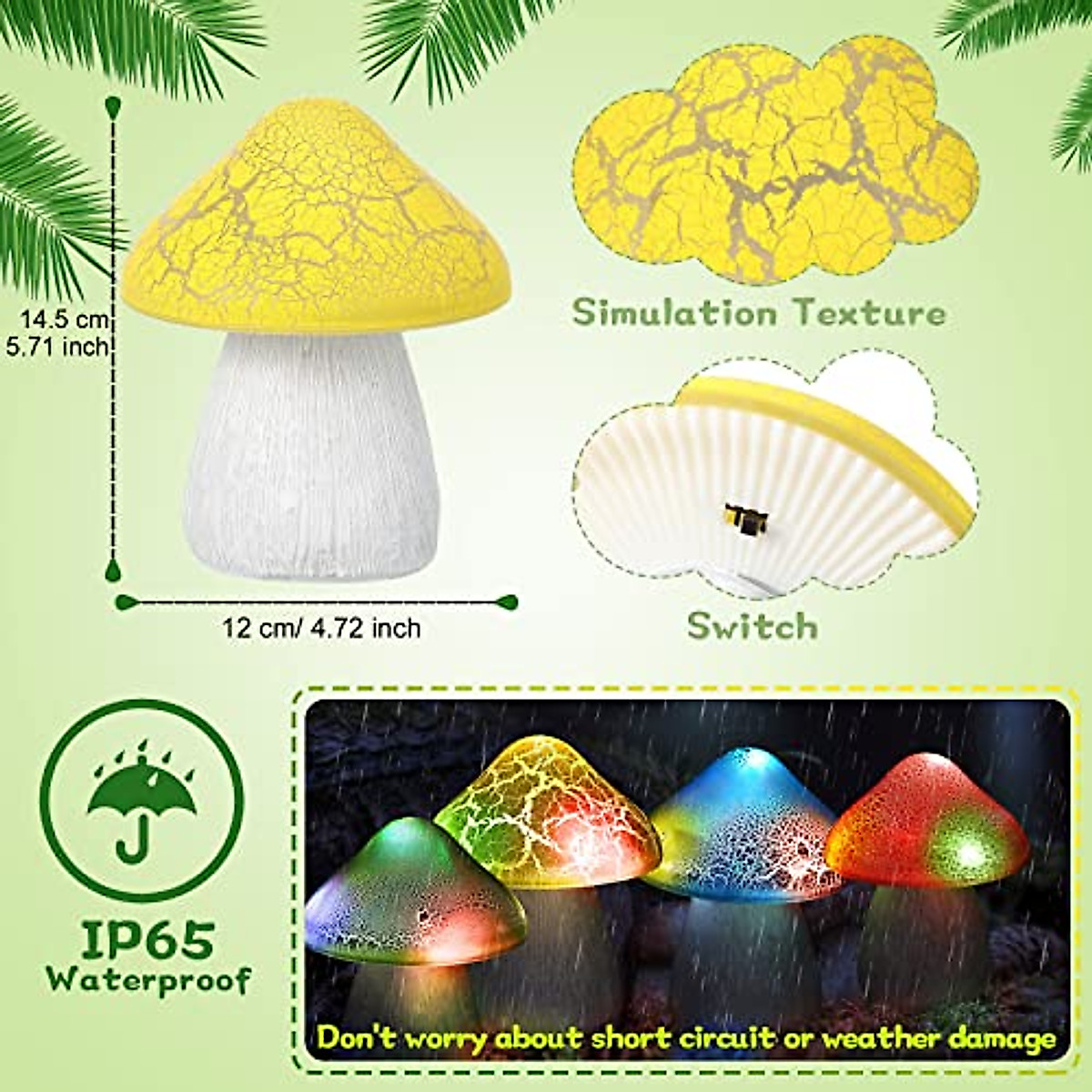 2 Pcs Large Solar Mushroom Light Outdoor Garden Waterproof Cute Mushroom Shaped Pathway Landscape Lights 2 Modes Automatic Change and 5 Lamp Beads for Yard Landscape Decoration (Red, Yellow)