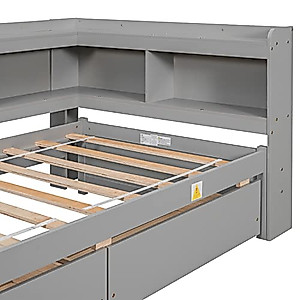 BIADNBZ Twin Size Platform Bed Daybed with L-Shaped Bookcases and 2 Drawers, Wooden Captain Bedframe w/Storage Headboard, for Kids Teens Adult, Bedroom/Living Room Furniture, Gray