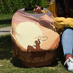 Western Landscape Baby Car Seat Cover, Multi-Use Nursing Cover for Boys, Girls, Infants, Snug Warm Stroller Covers for Babies, Doodles Horseman in The Sunset Cactus