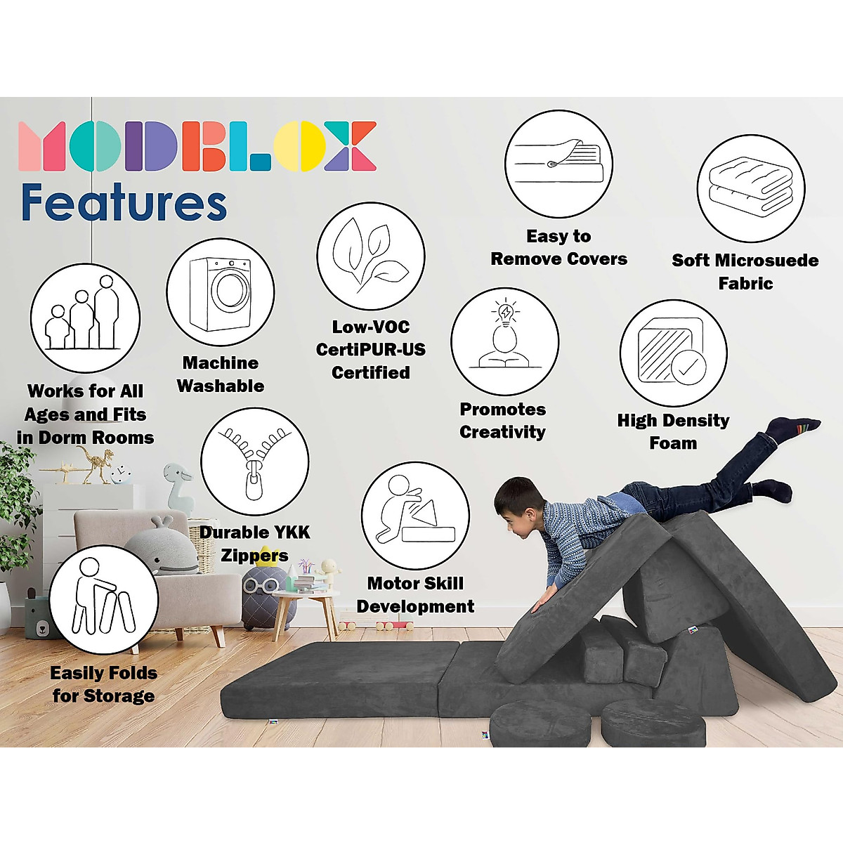 Mod Blox 10 Piece Soft Modular Kids Play Couch for Boys and Girls ｜ Child Sectional Fort Building Sofa for Toddlers Playroom with Microsuede Covers + High Density Convertible Foam Cushions (Dark Gray)