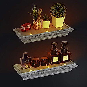 Eitida Wall-Mounted Wood Floating Display Shelves with Spotlight, Set of 2 for Entrance, Kitchen, Bedroom, Living Room Storage and Decor, Gray.(Battery Not Included)
