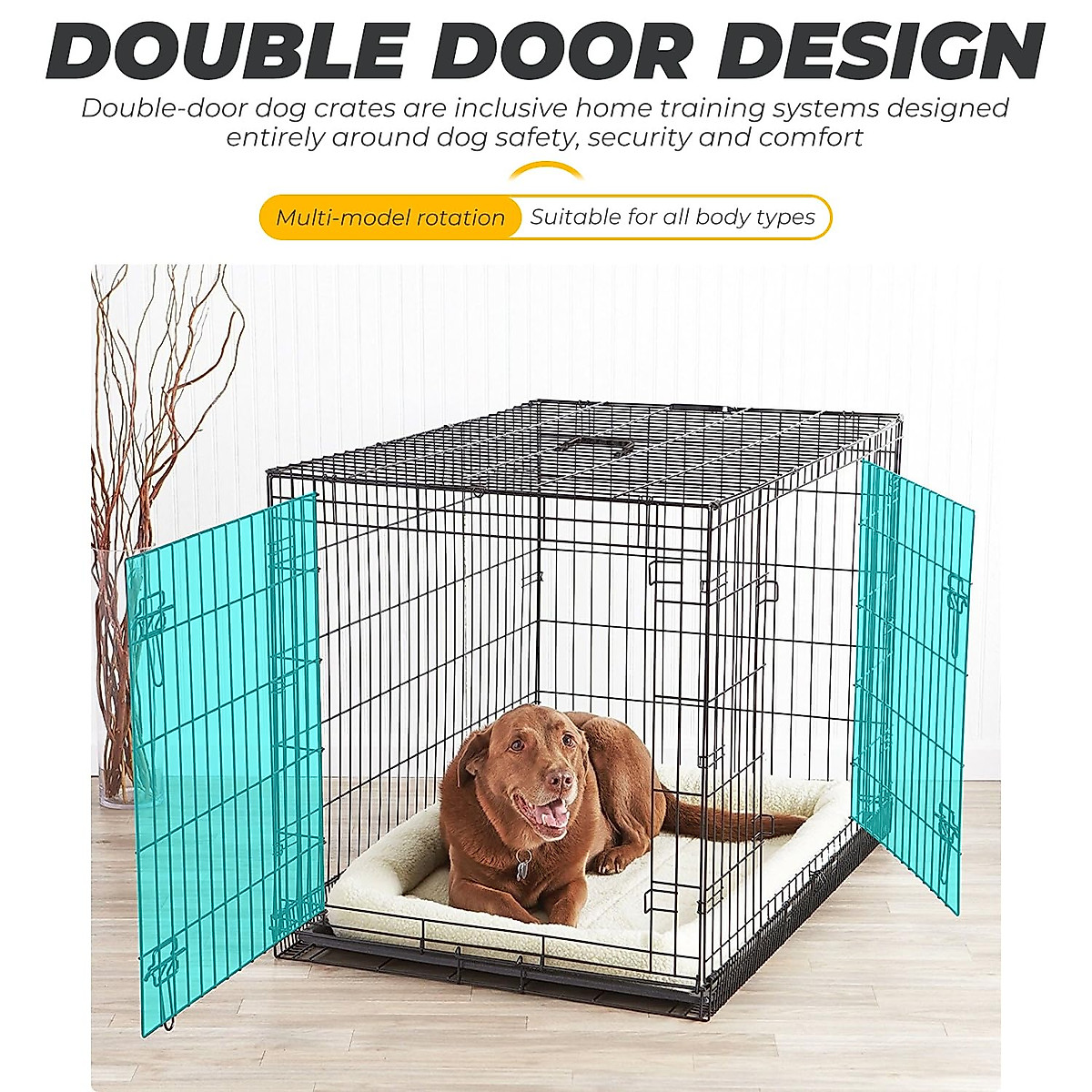 48 Inches Dog Crate Large Foldable Dog Kennel Metal Wire Pet Dog Cage with Double-Door Leak-Proof Tray Divider Panel and Handle for Dog Cat Pet,Black 48”X31”X29”