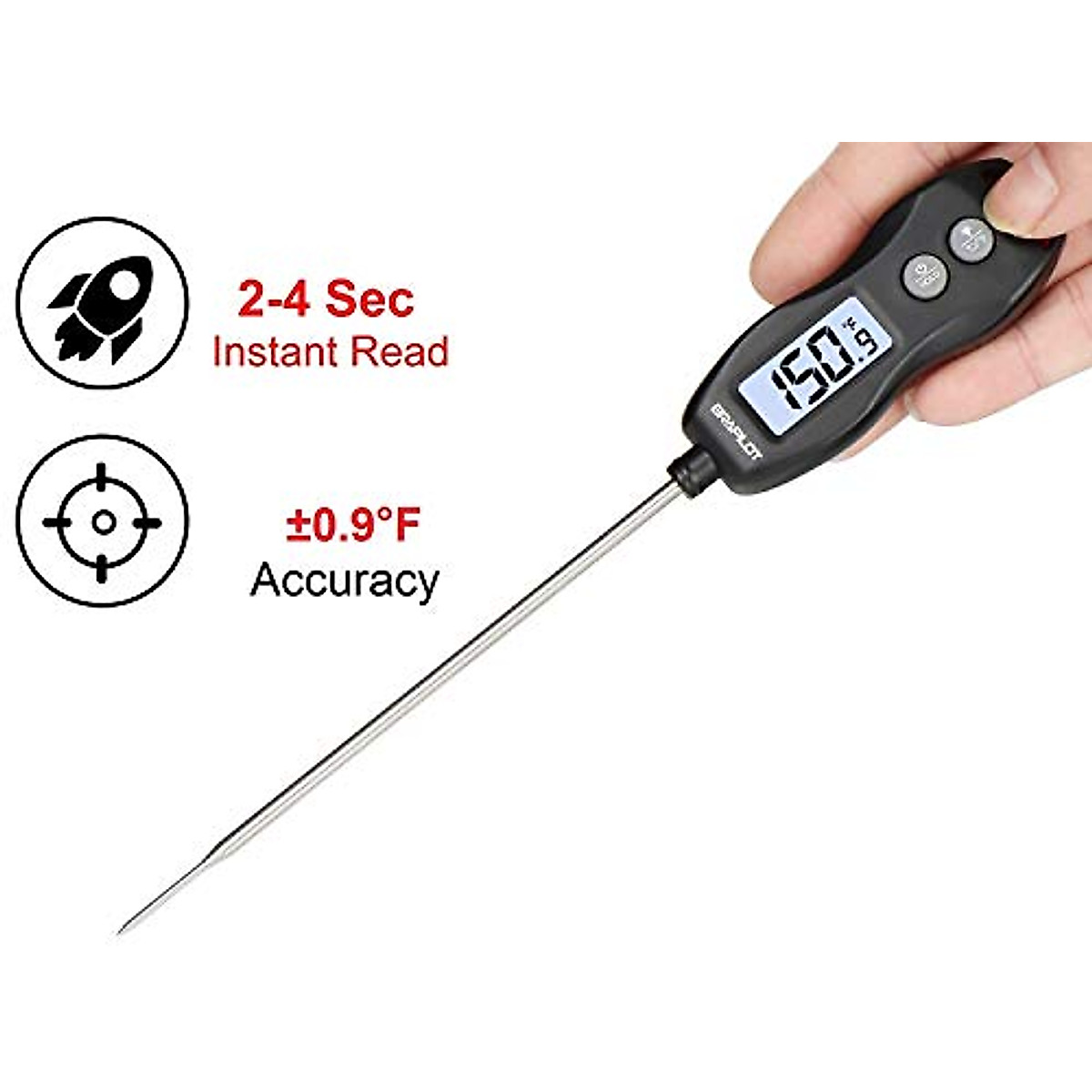 BRAPILOT Digital Food Meat Candy Thermometer - FT200 Instant Read Probe Thermometer Backlit Auto Off Waterproof for Cooking BBQ Kitchen Grill Milk (Black Color)