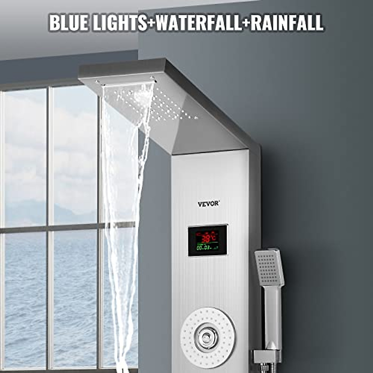 Happybuy 6 in 1 LED Shower Panel Tower System Rainfall and Mist Head Rain Massage Stainless Steel Shower Fixtures with Adjustable Body Jets