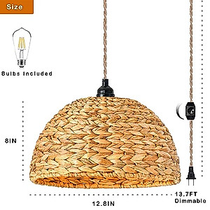 Plug in Pendant Light Rattan Hanging Lights with Plug in Cord Bamboo Hanging Lamp Dimmable,Woven Boho Wicker Basket Lamp Shade,Hemp rope Plug in Ceiling Light Fixture for Living Room Bedroom Kitchen