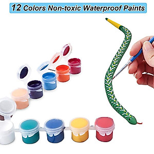 Unfinished Wooden Wiggly Snakes 8 Pcs with 12 Colors Acrylic Craft Paint and 2 Paint Brush - 12” Flexible Natural Timber Snake for Arts and Crafts Themed Birthday Party Supplies, Halloween Prop Toys