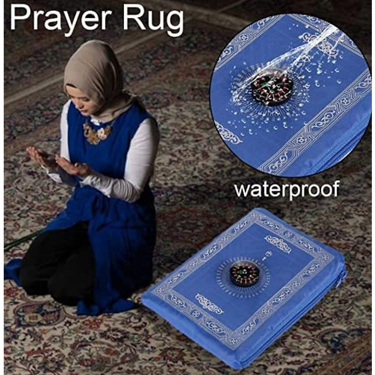 AONUOWE MuslimTravel Prayer Rug with Compass,Pocket Size Praying Mat Best Islamic Gift for Muslim (Light Grey)