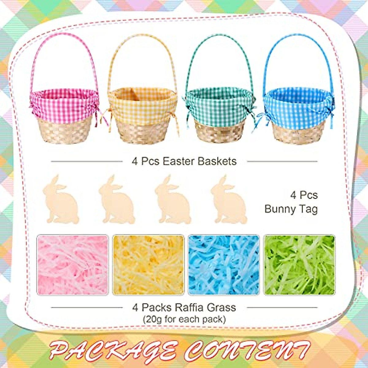 4 Pcs Easter Basket Picnic Basket Woven Basket with Handle Wooden Cute Baskets for Wood Basket Picnic Hamper Easter Eggs and Candy Basket with 4 Bags Lafite Grass 4 Pcs Rabbit Wood Chips (Plaid)