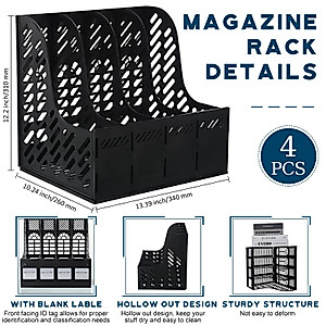 Glenmal 4 Pack Magazine Holder Plastic Magazine File Holder 4 Compartment Binder Holder Magazine Organizer Office Organization and Storage with 4 Vertical Compartments (Stylish,13.39 x 10.24 In)