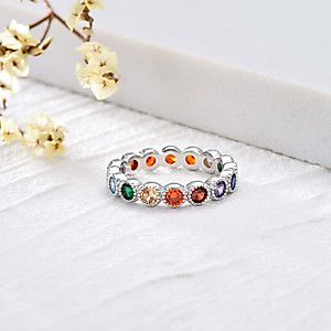 MBSUUH Chakra Ring 925 Sterling Silver Heart 7 Colorful Chakra Rainbow Ring for Women