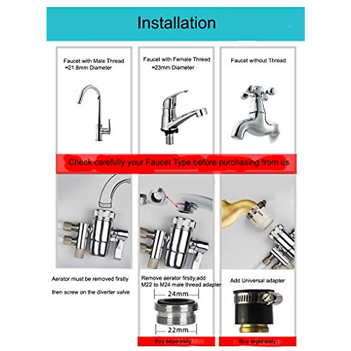 PureSec 2 Way Kitchen Faucet Diverter Valve/Splitter with Female M22(≈22mm) Thread and 1/4 OD RO Tubing outlet for Counter water Filter