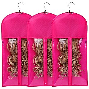 Wig Bags Storage with Hanger - 3 Packs Wig Storage for Multiple Wigs Hair Extension Storage Bag Hairpieces Storage Holder (Rose)