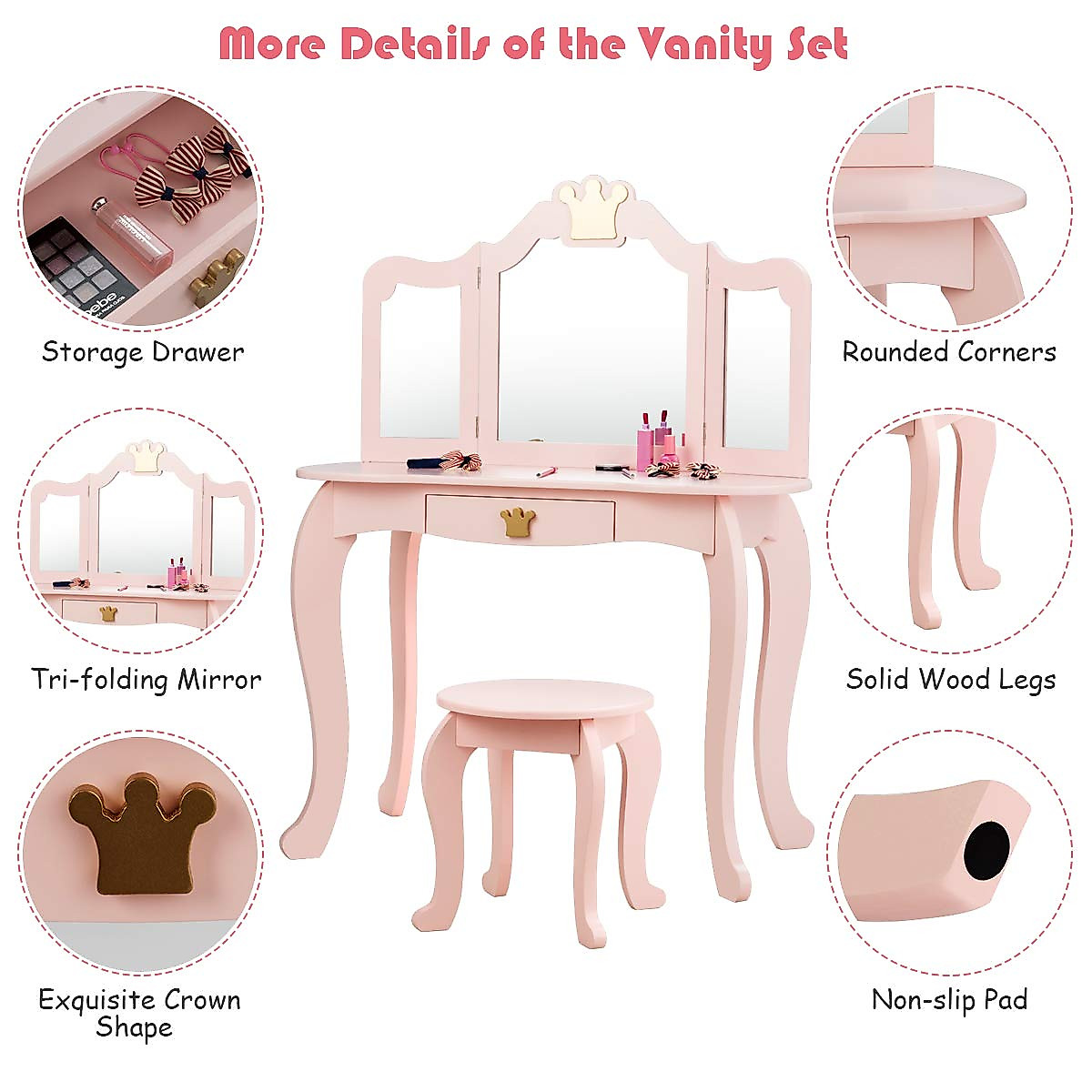MAT EXPERT Kids Vanity Table & Stool, Princess Makeup Dresser w/Removable Tri-Folding Crown Mirror, 2 in 1 Wooden Kids Girl Vanity w/Drawer, Princess Pretend Play Makeup Dresser Gift (Pink)