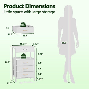 Furnulem Night Stand with Charging Station, 28.3 Inch Tall Bedside Table with PVC & Fabric Drawers, Side Table with USB Ports & Outlets, 3 Drawer Storage Nightstand for Bedroom, 3 Ways to Use, White