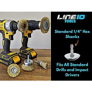 LINE10 Tools 5pk Wire Brush Drill Attachment Set Brass Coated for Cleaning Rust Hex Shank Fits Impact Driver
