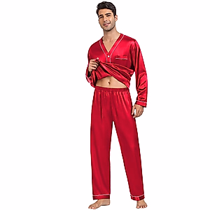 SWOMOG Satin Couples Matching Pajamas Set Silk Long Sleeve Sleepwear Nightwear Loungewear Red