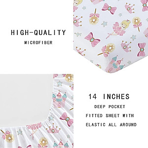 Jeyfull Pink Princess Fitted Sheets Twin for Girls Kids Crown Bed Sheet 2 Pcs 3D Print Flat Sheet with Pillowcase