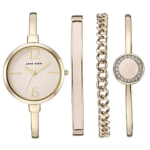 Anne Klein Women's AK/3290LPST Gold-Tone Bangle Watch and Premium Crystal Accented Bracelet Set