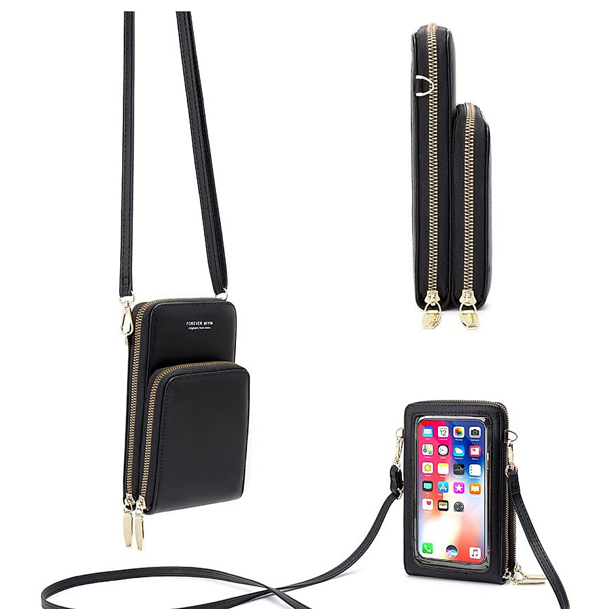 WaitingU Small Crossbody Bag Cell Phone Purse for Women, Touch Screen Bag Shoulder Handbag Wallet with Credit Card Slots (A-black)