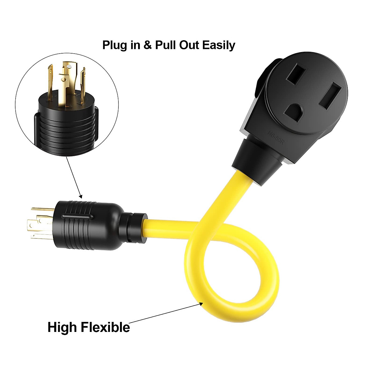 PLIS Nema L14-30P to 6-50R Heavy Duty Generator Locking Cord,Welder Adapter,10AWG*3C Generator Plug,30Amp,250V,yellow,1.5FT