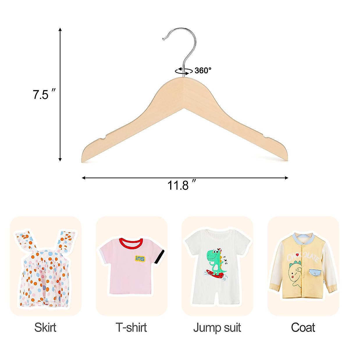 TOPIA HANGER Unfinished/Natural Kids Children Baby Wood Wooden Clothes Dress Shirt Hangers with No Painting - 360°Stronger Flexible Hook- Extra Smoothly Cut Notches, 10 Pack CT09N