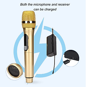 GOWENIC Microphone,Metal Dual Professional UHF Cordless Dynamic Mic Handheld Microphone System, for Home Karaoke, Meeting, Party, Church, DJ, Wedding(Gold)