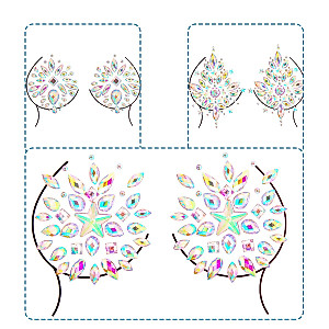 Temporary Tattoo Stickers Jewels Rhinestone Festival Accessories DIY Self Adhesive Crystal Body Jewelry Stickers Makeup Stick Gems Glitter Flower Chest Stickers For Women and Girls 3Pcs
