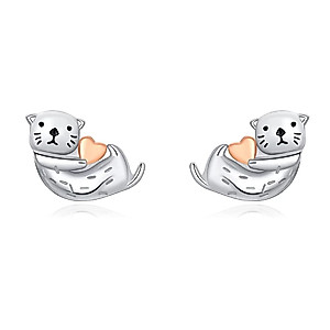 Sea Otter Stud Earrings 925 Sterling Silver Post Tiny Cute Animal Promise Love Heart Statement for Women Small Cartilage Piercing Jewelry Delicate Lovely Gifts Daughter Niece Birthday Xmas
