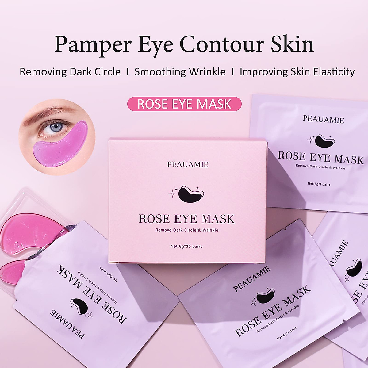 PEAUAMIE Under Eye Patchs Rose Eye Mask for Dark Circles and Puffiness Wrinkle Eye Bags 30 Pairs