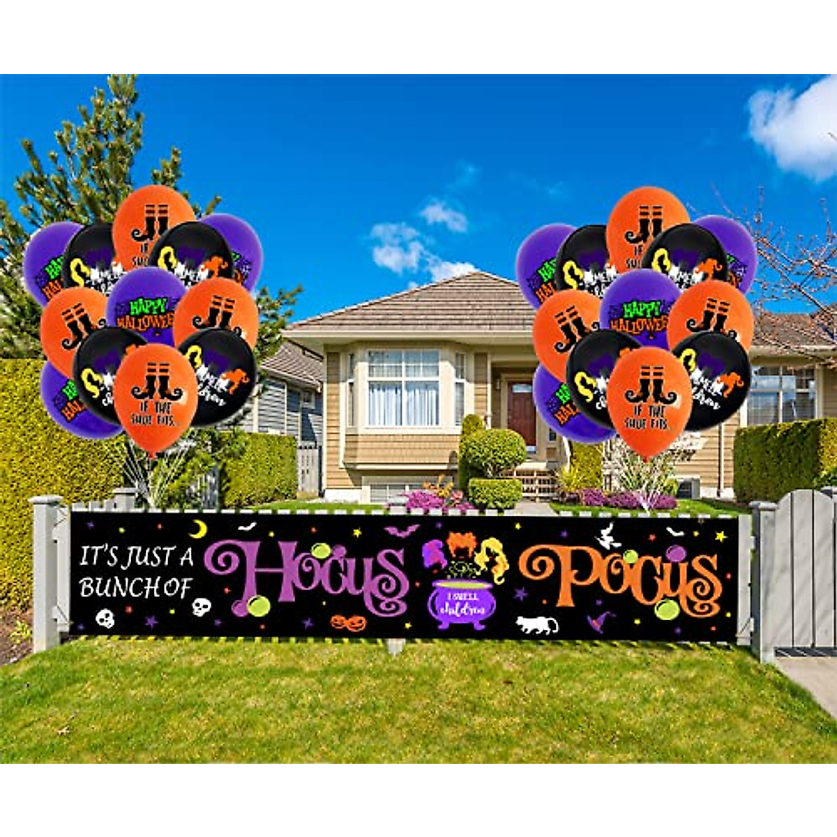 Houcs Pocus Yard Sign Banner It's Just a Bunch of Hocus Pocus Decorations Halloween Party Supplies Include Banner and 24pcs Balloons Outdoor Decoration Halloween Party Backdrop Photo Prop Background
