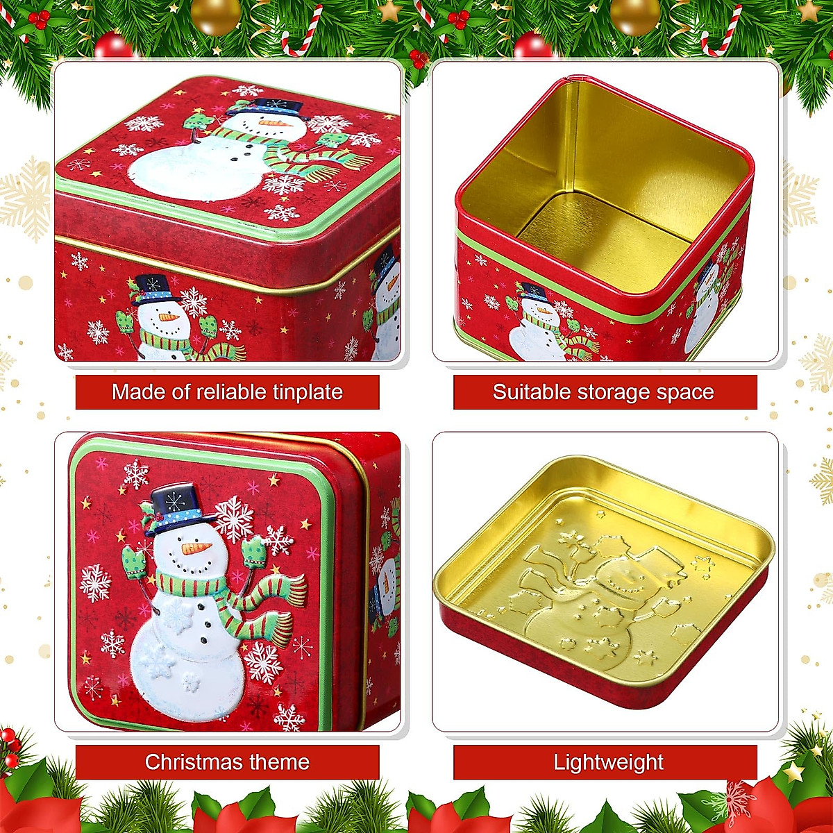 Lallisa 24 Pcs Christmas Cookie Tins with Lids 12 Styles Square Xmas Candy Tin Set Small Metal Candy Box Mini Tinplate Cookie Candy Boxes for Gift Giving Holiday Party Favors, 2.95 x 2.95 x 2.56 Inch