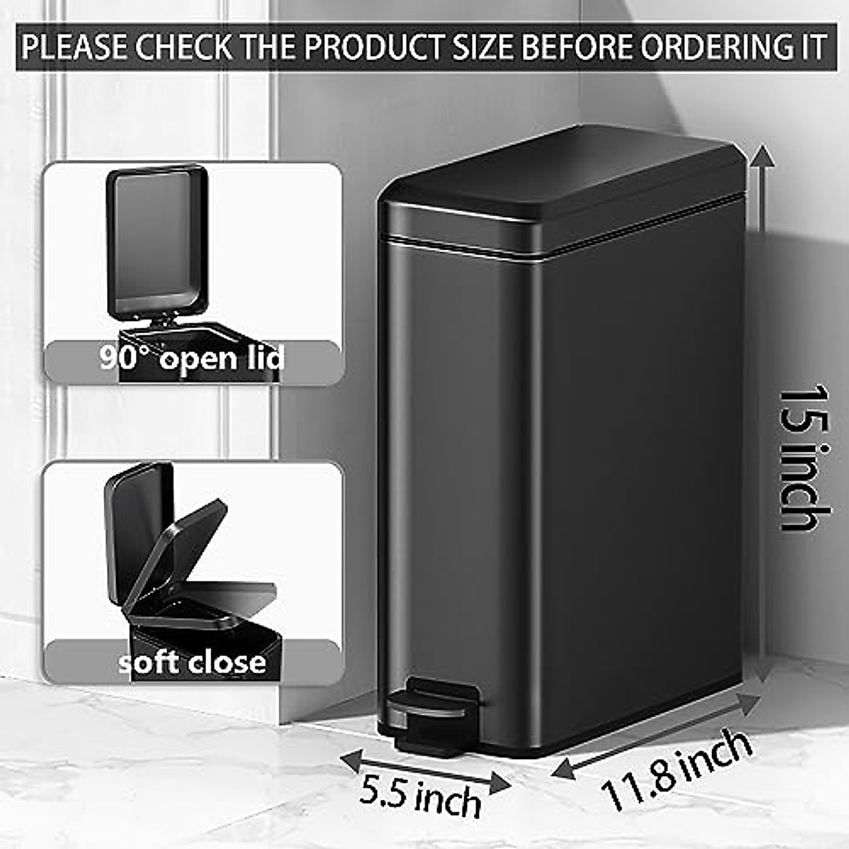 Aupekro Trash Can with Lid Soft Close, 2.6 Gallon Stainless Steel Step Garbage Can, Slim Rectangular Trash Bin with Removable Inner Bucket for Bedroom, Bathroom, Kitchen, Office(Black)