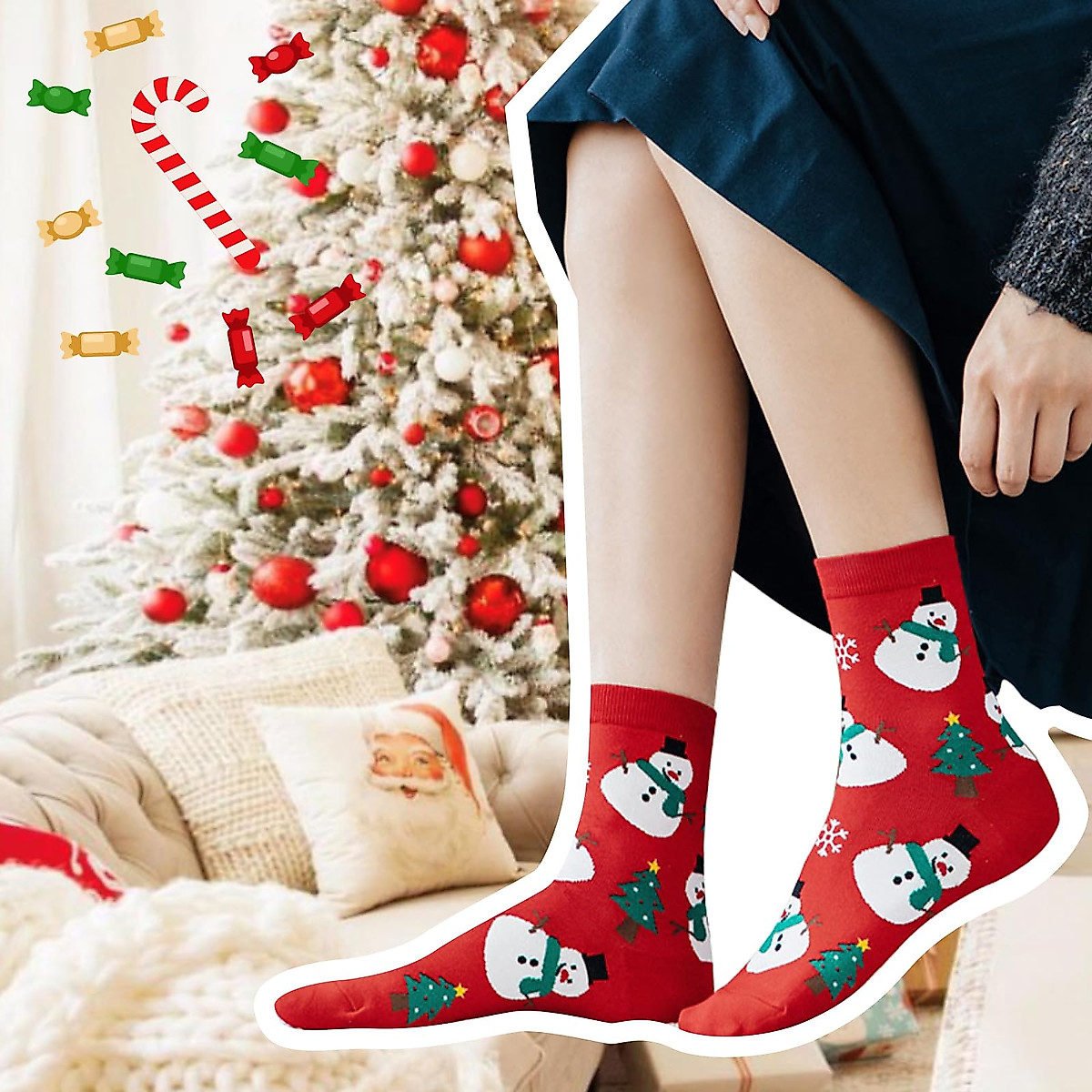 Fun Novelty Christmas Socks Xmas Holiday Casual Crew Socks For Unisex,Santa Claus Fun Socks For Women 4PACKS