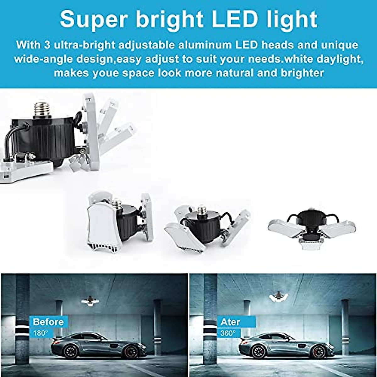 4-Pack LED Garage Lights, 80W LED Shop Light 5000K 6000LM Three-Leaf Garage Ceiling Light Fixtures,Adjustable Multi-Position Panels，E26 Base,LED Glow Light for Garage, Workshop Attic and Basement