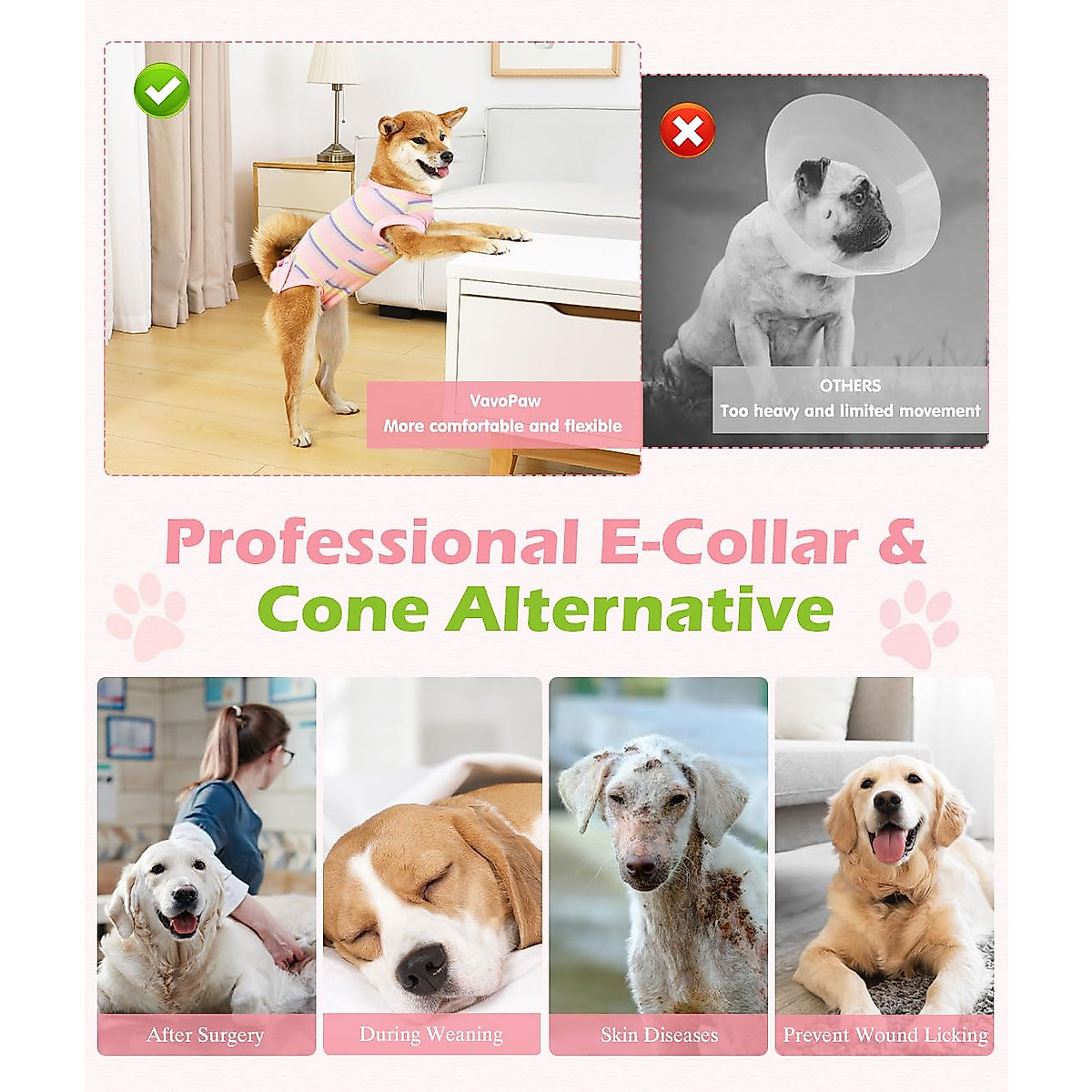 VavoPaw Dog Surgery Suit, Soft Breathable Dog Onesie for Surgery, Dog Bodysuit for Female Male Puppies, Puppy Cone E-Collar Alternative for Wounds Skin Diseases After Surgery, M, Pink