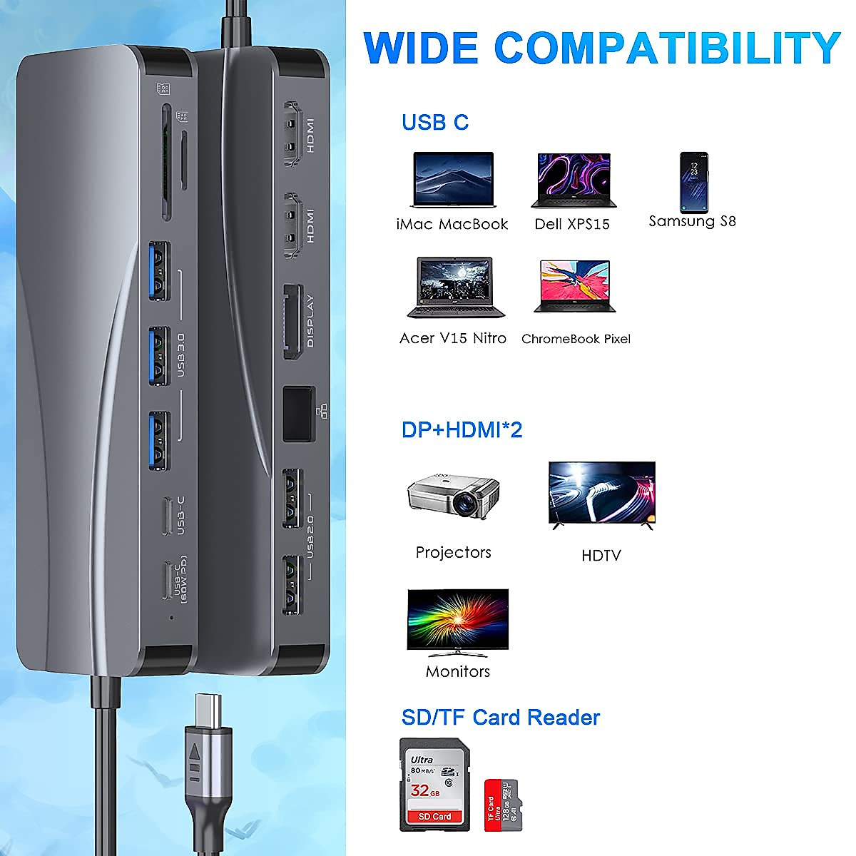USB C Hub, Rocketek 14-in-1 USB C Docking Station Triple Display with Ethernet 4K USB C to HDMI Adapter DP USB hub adapter SD/TF Card Reader Audio USB-C PD 3.0 Type C Hub for Mac Pro and Type C Laptop