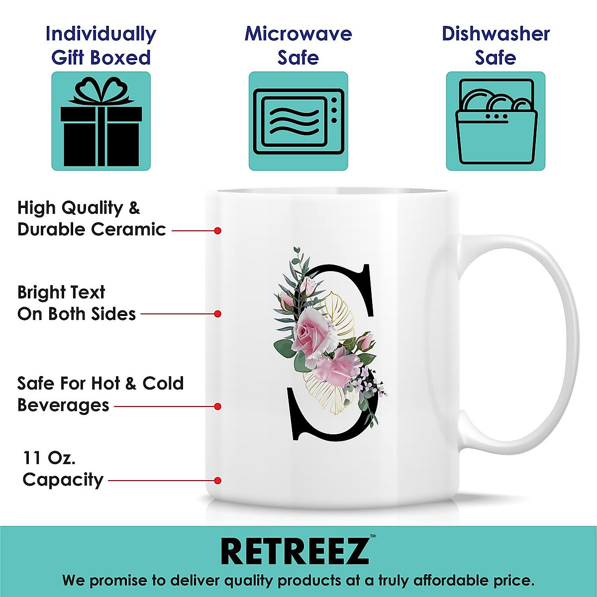 Retreez Initial A-Z Floral Botanical Bouquet Alphabet Monogrammed Monogram Mug 11 Oz Ceramic Tea Coffee Mugs - Appreciation Thank You Wedding Birthday Gifts for her friend coworker sister - S Initial
