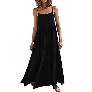Women’s Summer Casual Loose Sleeveless Spaghetti Strap Asymmetric Tiered Beach Maxi Long Dress (A-Black, XXL)