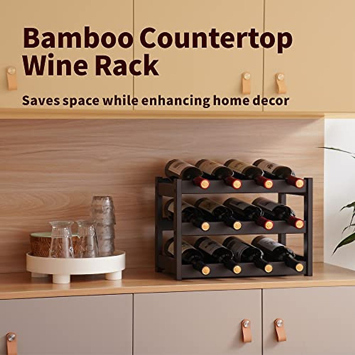 VASMIA Bamboo Wine Rack, Sturdy and Durable Wine Storage Cabinet Shelf, Wine Racks Countertop for Pantry,Kitchen,3-Tier 12 Bottles Wine Rack Brown
